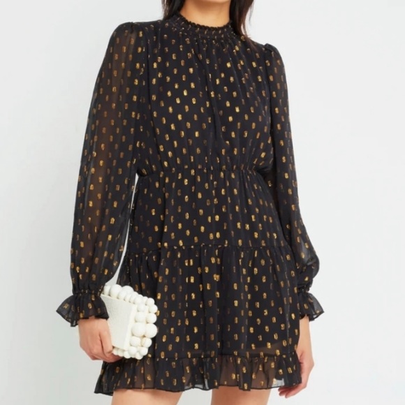 o.p.t | Dresses | New Opt Black Gold Metallic Smocked Mini Dress | Poshmark